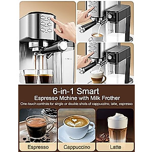 ILAVIE 6-in-1 Espresso Coffee Machine Built-In Automatic Milk Frother, 20 Bar Espresso & Cappuccino & Latte Maker with 34 oz Removeable Water Tank, Ideal for Home Use, Stainless Steel