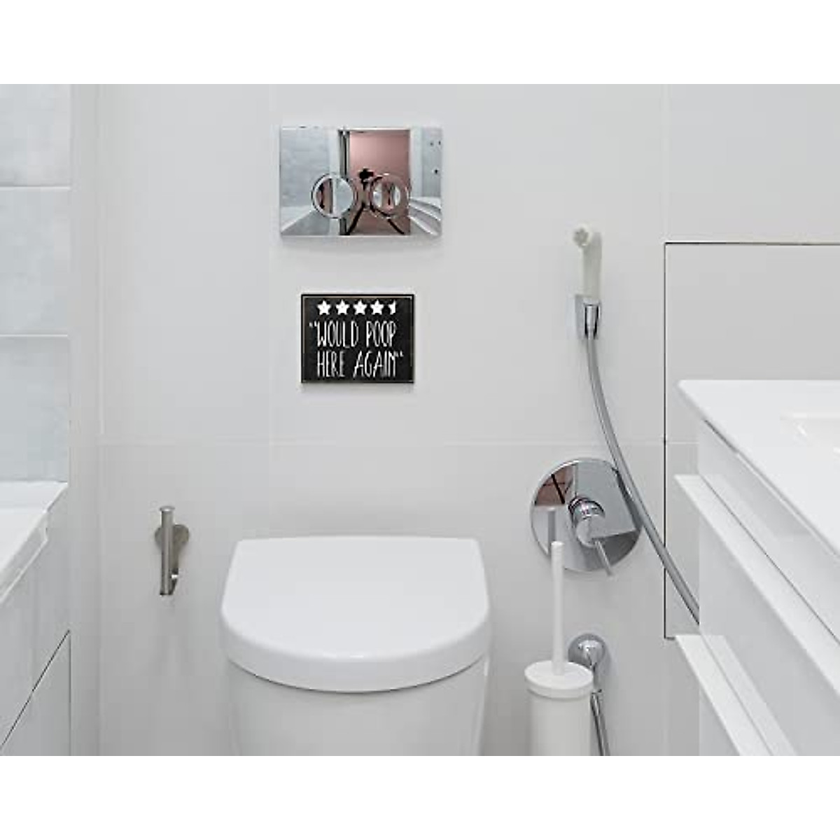 Pigort Funny Toliet Sign Decoration Box 5 Stars Would Here Again, Bathroom Sign Plaque 5"x6" Toilet Decor Rustic Wood Plaque - Funny Bathroom Signs