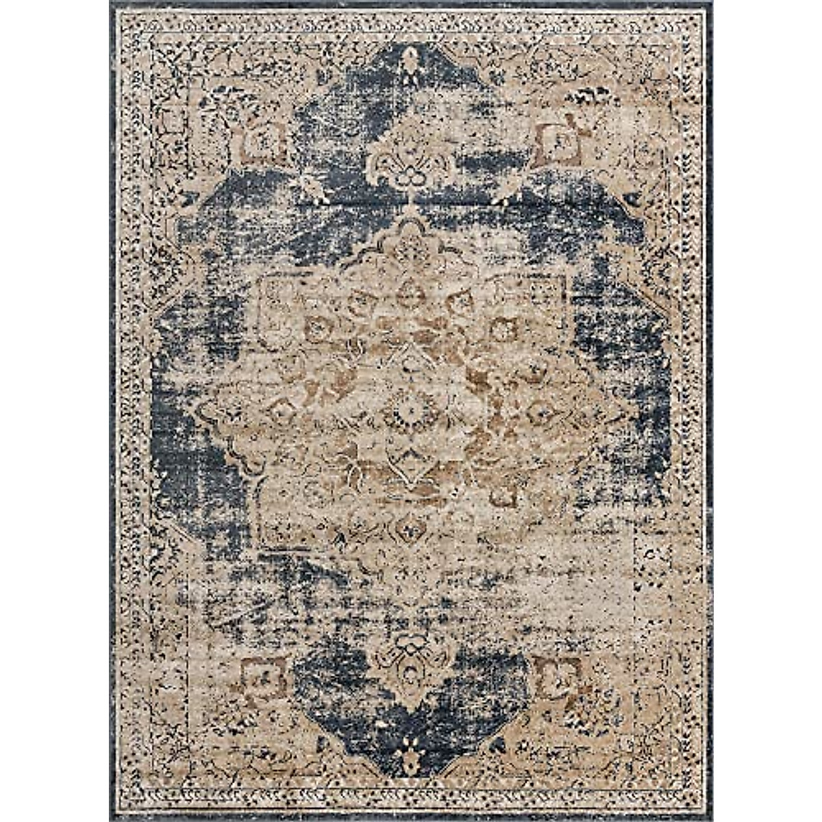 Unique Loom Chateau Collection Vintage, Distressed, Medallion, Rustic, Traditional Area Rug, 9' 0" x 12' 0", Beige/Navy Blue