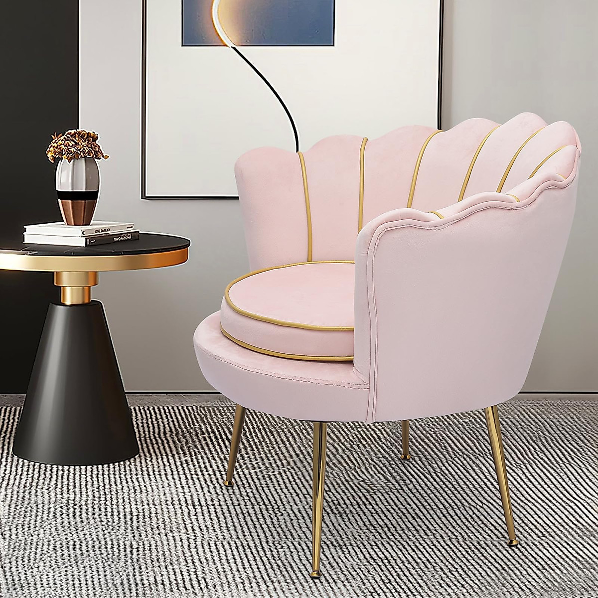 MoNiBloom Upholstered Velvet Chair for Bedroom Makeup Room, Light Pink Shell Chair Mid-Century Modern Leisure Guest Chair for Living Room with Cushion and Metal Legs, Retro Arm Chair, 250 lbs Capacity