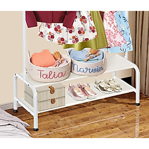 Kids Clothing Rack - Kids Dress Up Clothes Storage Racks - Baby Toddler Clothes Rack - Small Kids Costume Wardrobe Rack with 2 Fabric Floors Storage Shelf - Mini Short Kids Clothing Garment Rack