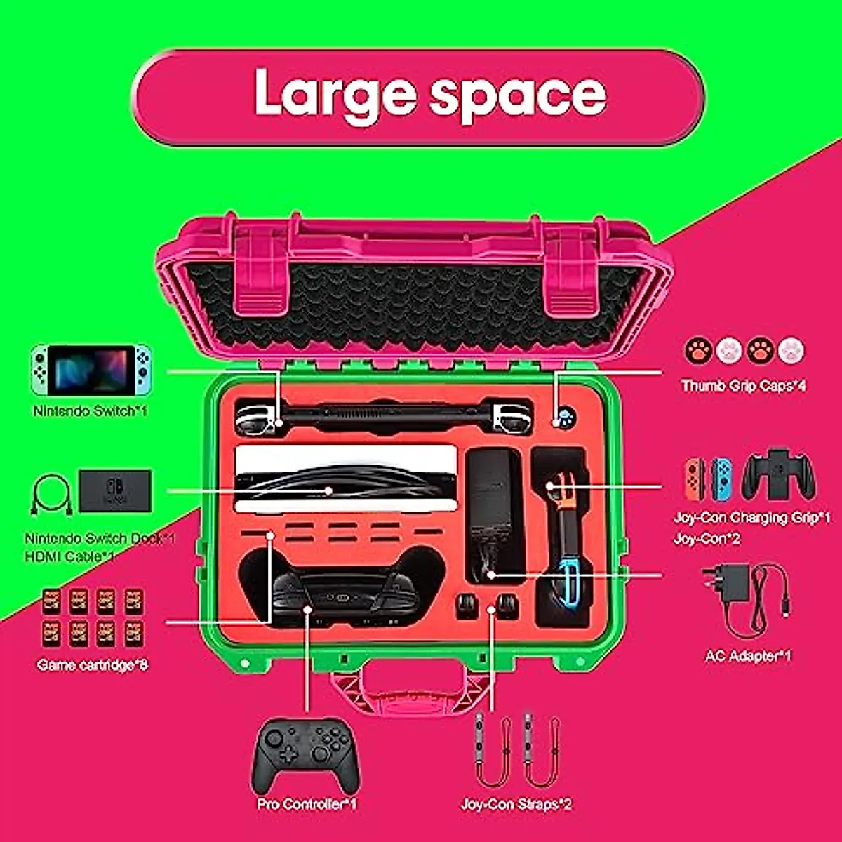 DEVASO Case for Nintendo Switch, Deluxe Hard Carry Case Waterproof Protective Portable Switch Protective Case Cover for Nintendo Switch Console and Other Accessories, Pink and green., Suitcase
