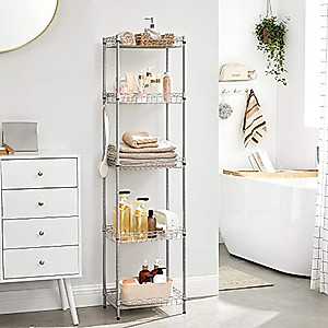 SONGMICS Metal Storage Shelves, 5-Tier Wire Shelving Unit, Kitchen Rack, Adjustable Shelves, 4 Hooks, Shelf Liners, 11.8 x 15.7 x 59.1 Inches, Total Load Capacity 220 lb, for Garage, Silver ULGR105E01