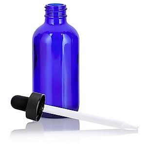 JUVITUS 4 oz / 120 ml Cobalt Blue Glass Boston Round Bottle with Black Dropper (2 Pack) + Clear Travel Bag