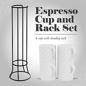 American Atelier Ceramic Mini Espresso Cups Set of 4, 3oz - Stackable Tiny Mugs for Small Shots of Coffee with Metal Stand - Use Demitasse Espresso Mug Racks for Any Kitchen or Café (Embossed)