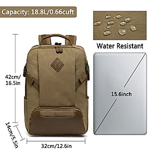 Kasqo Laptop Backpack 15.6 Inch Canvas Waterproof Anti Theft Business Travel College Computer Bag Carry on Bag with USB Charging Port for Women Men, Khaki