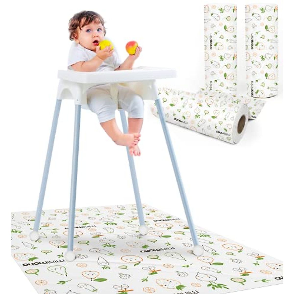 Minimono Baby Splat Mat for Under High Chair - 30 Pcs Disposable and Waterproof Splash Mats - 40"x47" Multipurpose Activity Mat for Picnic Art Craft - Baby Led Weaning Supplies (Fruits and Vegetables)