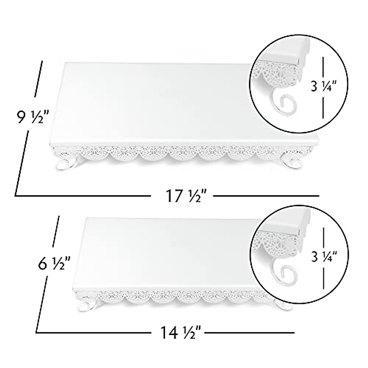 Dulcet Delights Metal Rectangle Eyelet Cake Stands with Lattice Borders – Cake stands for Birthdays, Weddings, Parties and Events - 14 ½"L x 6 ½”W x 3 ¼”H and 17 ½"L x 9 ½”W x 3 ¼”H – Set of 2 – White