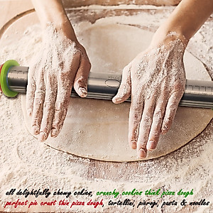 Adjustable Rolling Pin with Thickness Rings Guides - Non Stick - 17 inch Large Heavy Duty Stainless Steel French Style Dough Roller for Baking Pizza Pie Pastries and Cookies
