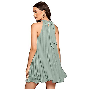 SweatyRocks Women's Sleeveless Tie Back Halter Dress Mini Swing Pleated A-line Skater Dress Green L