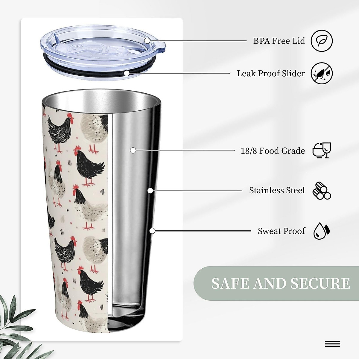 CHASOEA Chicken Tumbler 20oz Hen Rooster Stainless Steel Insulated Tumblers with Lid and Straw Animal Travel Coffee Mug Tea Wine Cups Water Bottle Chicken Gifts for Women Chicken Lover