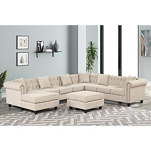 Morden Fort Chesterfield Modular Convertible Sectional U-Shape Polyester Fabric Sofa with Chaise Accent Tufted Couch for Living Room Furniture Set