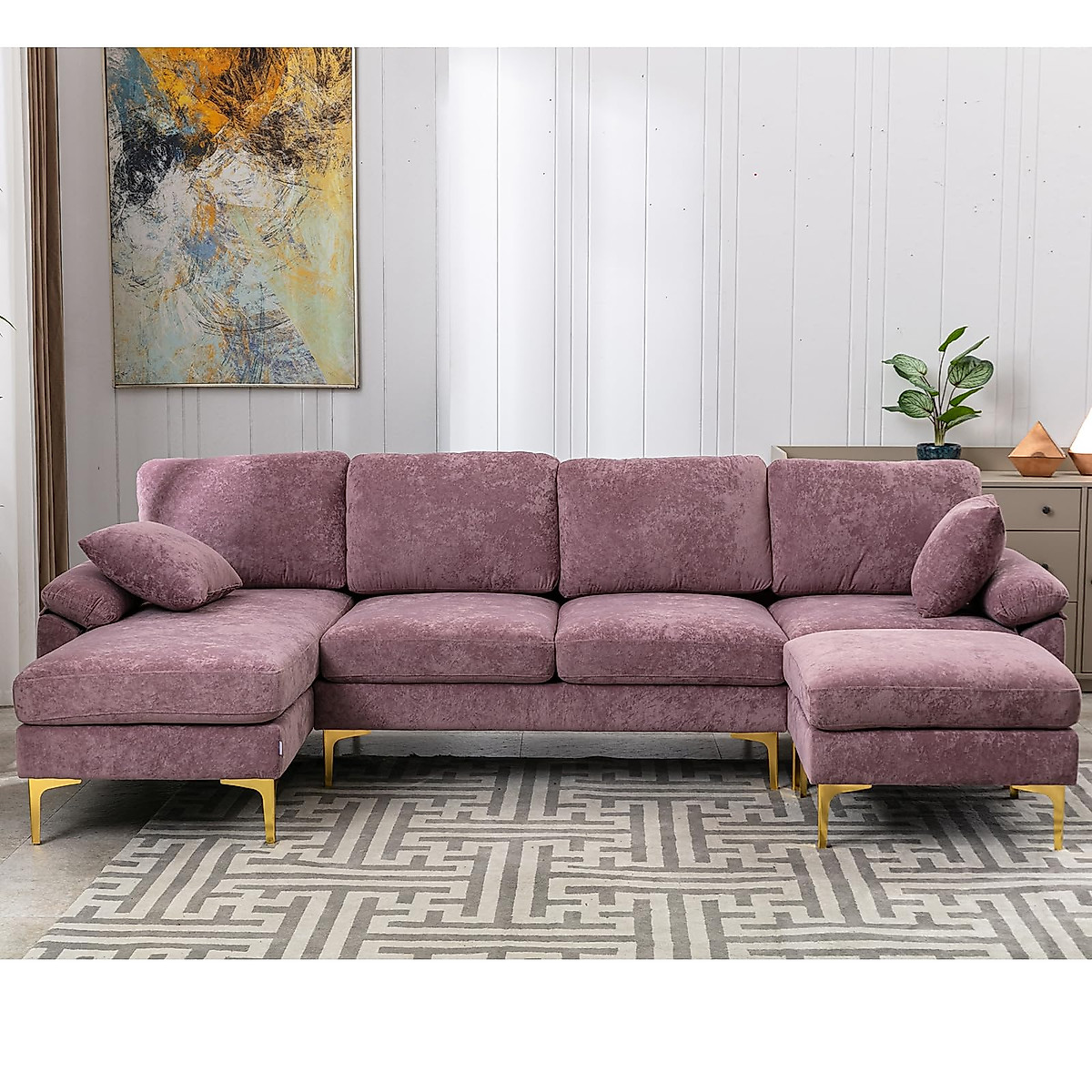 Sudwesto Modular Sectional Sofa, U Shape Chenille Upholstered Sofa Couch with Ottoman, 4 Seat Reversible Couch with Chaise Lounges, Convertible Sofa Set for Living Room (Purple)
