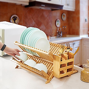WORTHUG Bamboo Dish Drying Rack Set, 3-Tier Collapsible Bamboo Drainer Dish Drying Rack with Utensil Holder ,Multipurpose Roll-Up Dish Drying Rack
