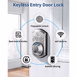 Fingerprint Door Lock: TEEHO TE002W Smart Lock, Built-in WiFi Keyless Entry Door Lock Deadbolt, Easy Installation, BHMA Cert, Satin Nickel