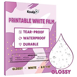 Koala Glossy White Film for Inkjet Printers, Waterproof and Tearproof Printer Paper, Single-Sided Printable Film, 8.5 x 11 Inch 20 Sheets, for Exceptional Image Reproduction