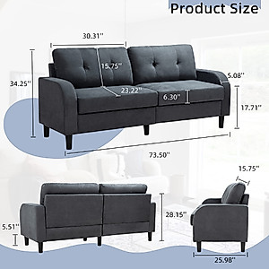 Vongrasig 73" Small Modern Loveseat Sofa Couch, Mid-Century Fabric Low Back 2-Seat Sofa Couch Tufted Love Seat for Living Room, Bedroom, Office, Apartment, Dorm, Studio and Small Space (Grey)