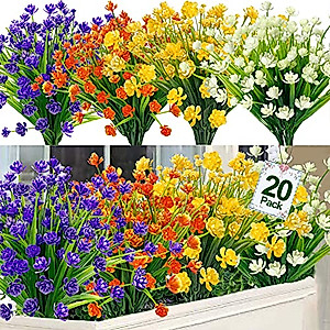 20 Bundles Artificial Flowers for Outdoor Decoration, Spring Summer Decoration UV Resistant Faux Outdoor Plastic Greenery Shrubs Plants Fake Flowers Planter Cemetery Home Garden Decor(Mix Colors)