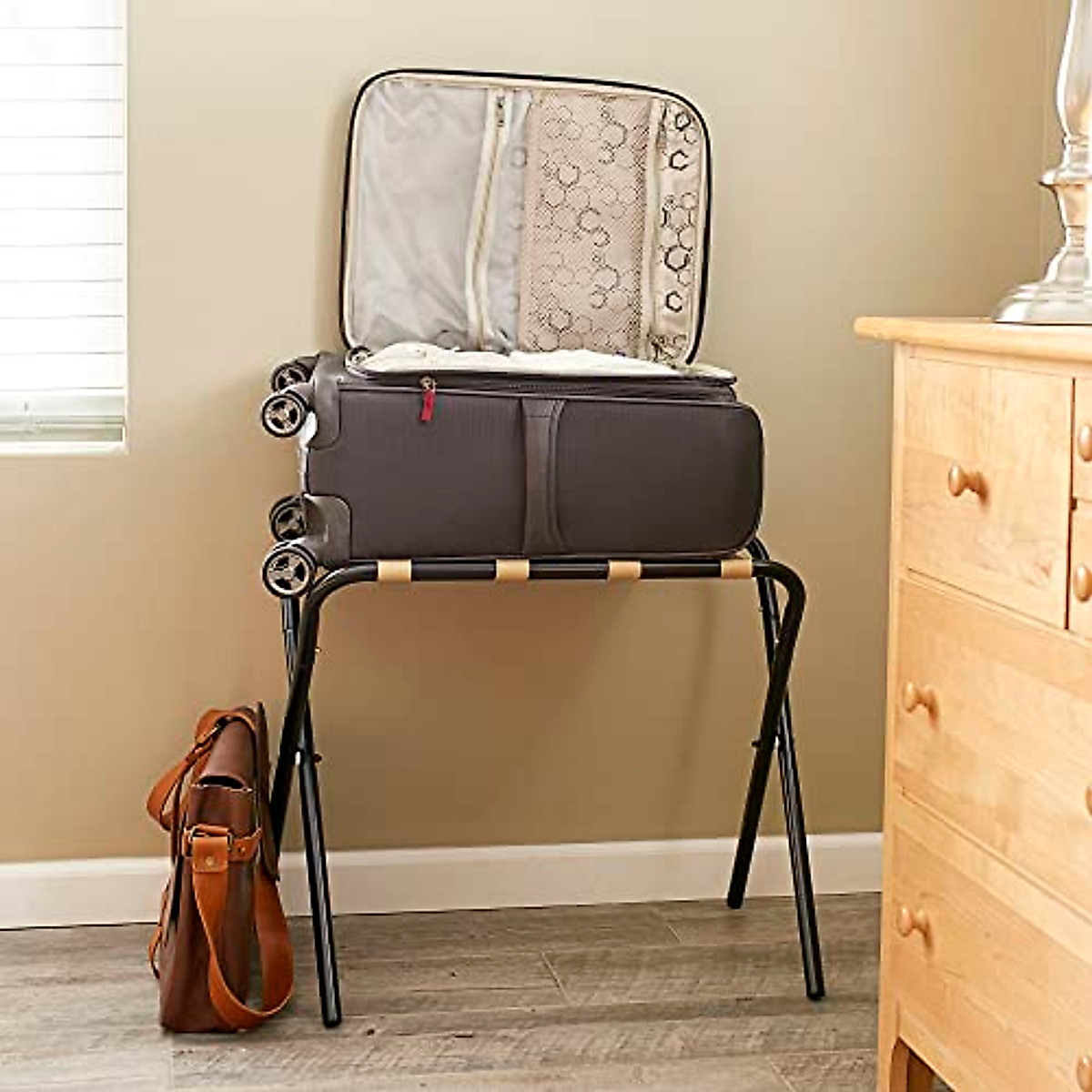 Household Essentials 2126-1 Folding Luggage Rack | Black Frame with Khaki Straps