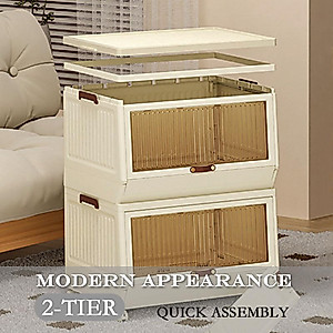 2 Tier Stackable Storage Bins with Doors, 29Qt *2 Plastic Foldable Storage Containers with Wheels, Collapsible Storage Bins Closet Organizers, Home,Office, Dorm(16.5 * 12.6 * 9.8in 2 Pack)