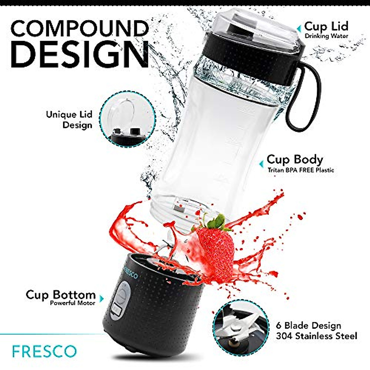Portable Blender, Personal Size Blender for Shakes and Smoothies, Fruit Smoothie Blender, Milkshake – Juicer Mini Blender 4000 mAh USB Rechargeable with 6 Blades, Handheld use in Sports, Travel, Gym