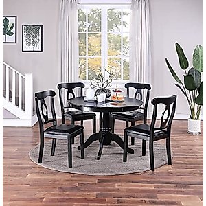 LCH Classic Design 5pc Set,Round Table with 4 Side Upholstered Chairs Cushion Fabric Upholstery Seat,Rubberwood Black Color Furniture for Dining Romm,Living Room,Easy to Assemble