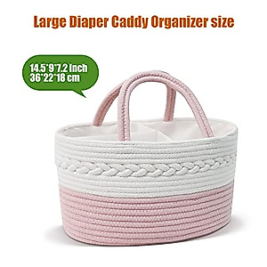 Twira Large Baby Diaper Caddy, Diaper Basket with Divider, Convenient Nursery Storage Box, Rope Diaper Box Organizer for Diapers, Changing Table Diaper Organizer (Pink & White)