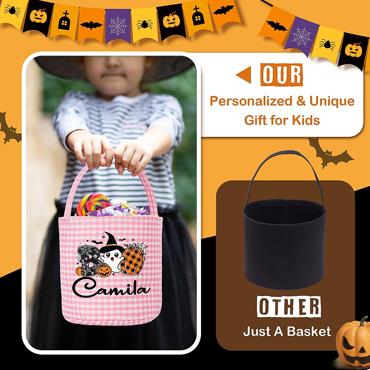 Fasinheaco Personalized Halloween Basket - Monogrammed with Name,Pumpkin,Custom Trick or Treat Bucket,Halloween Gifts Basket,Candy Bags for Halloween Party Favor