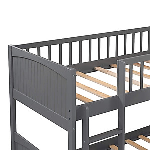 GLORHOME Twin-Over-Twin Triple Bed Wooden L-Shaped Bunk Bed with Ladders and 2 Storage Drawers, Space Saving Bedroom Furniture for Kids Teens