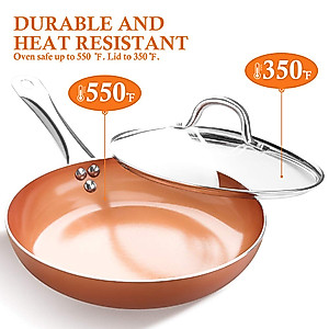 SHINEURI 9.5 inch Copper Fry Pan with Lid, Nonstick Omelet Pans - Perfect for Stir fry, Sauce & Baking, Compatible for Induction, Gas, Electric & Stovetops, Perfect for 2-3 Person Meal