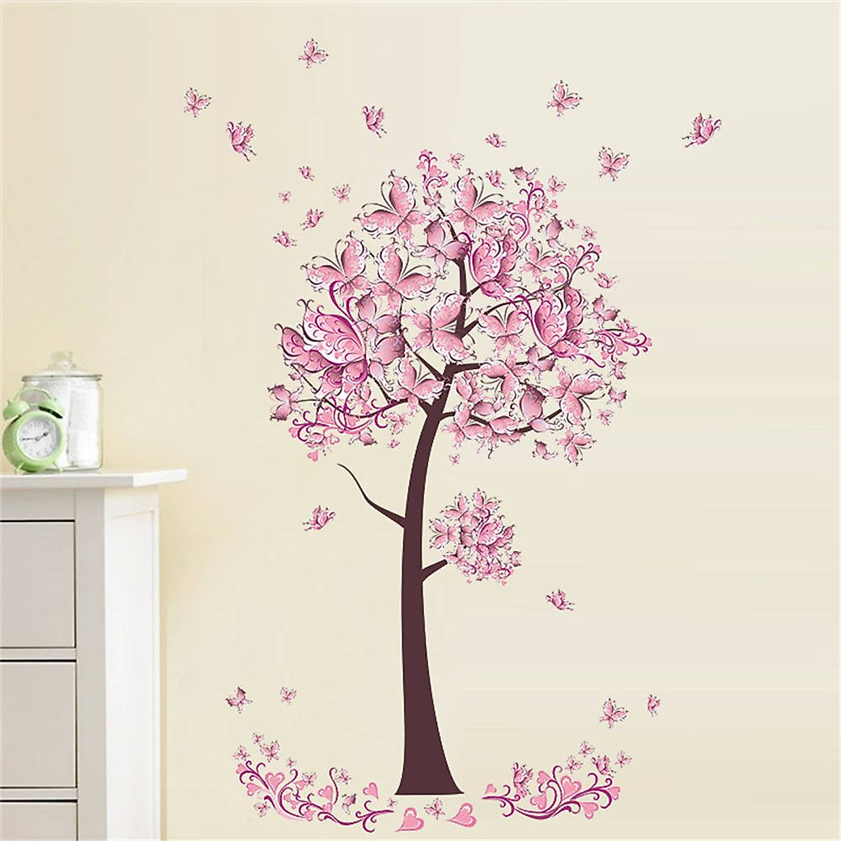 BIBITIME Beautiful Butterfly Tree Wall Decals Living Room Branch Butterflies Hearts Vinyl Sticker for Nursery Bedroom Kids Room Decor Art Mural DIY PVC Decorations