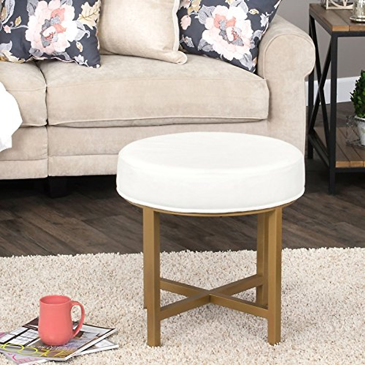 HomePop Round Metal Base Decorative Ottoman, White Velvet