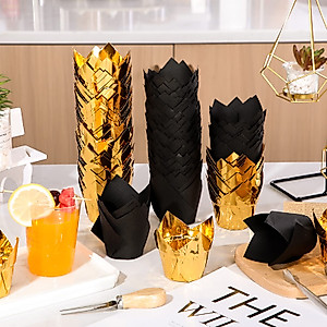 Queekay Tulip Cupcake Liners for Baking Muffin Aluminum Foil Paper Baking Cups Disposable Cupcake Wrappers Greaseproof Muffin Liners for New Year Wedding Baby Shower Xmas(Gold, Black, 160 Pcs)