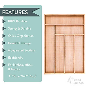 Island Bamboo Drawer Organizer - Wooden Insert Utensil Tray for Kitchen Cutlery, Silverware & Flatware - Great Divider & Organizers for Large Office Drawers, Jewelry Holder & Utensils Separator