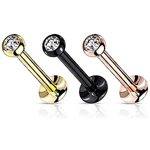 Push in Jeweled Ball Top PVD Over 316L Surgical Steel Threadless Labret, Monroe, Flat Back Stud (20GA (0.8mm), Length: 1/4" (6mm), Ball: 2mm, Rose Gold)