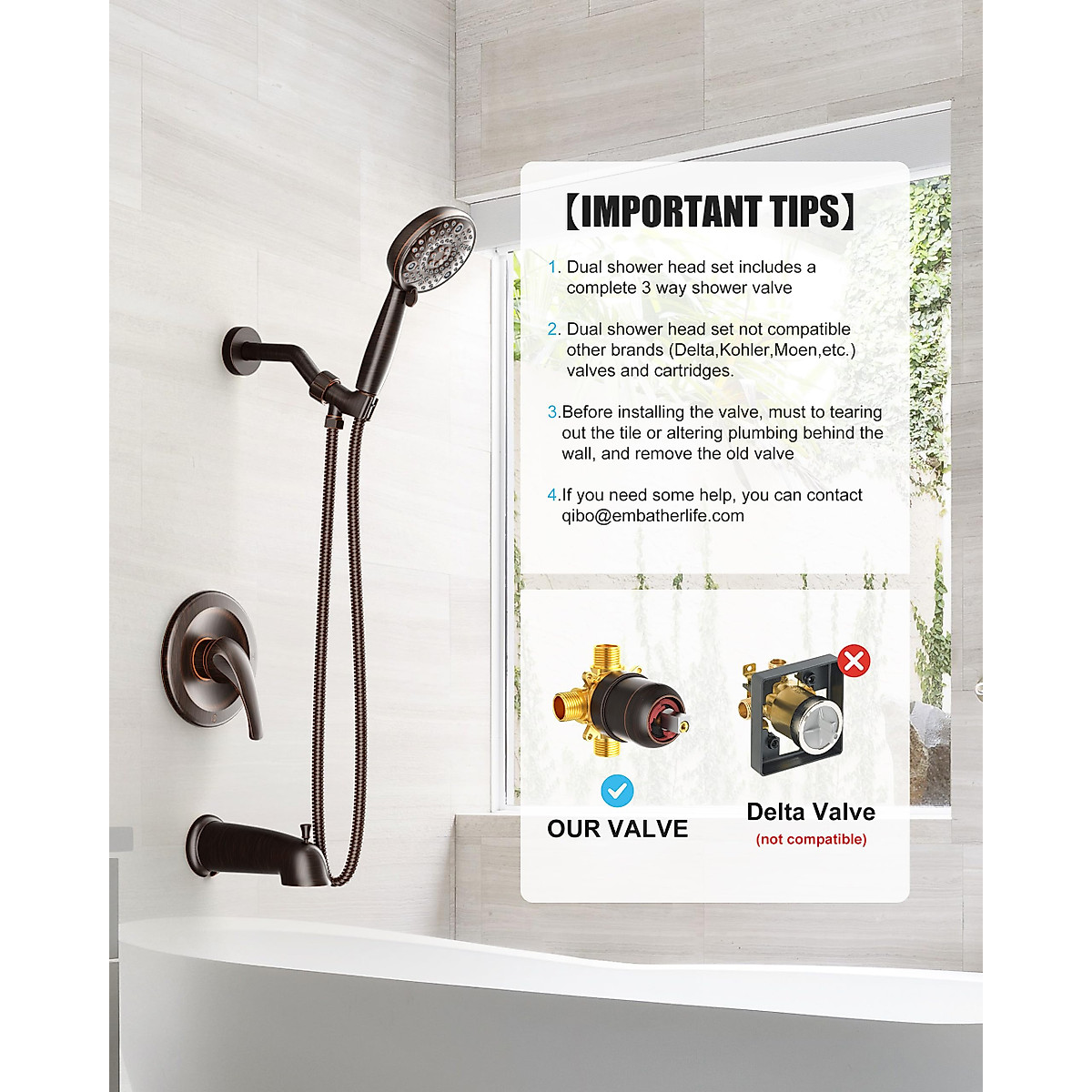 EMBATHER Shower Faucet Set with Tub Spout, 2 in 1 Bathtub Faucet Set with 8 Modes Shower Head, Single-Handle Tub Faucet Set, Shower Valve and Trim Kit, Oil-Rubbed Bronze