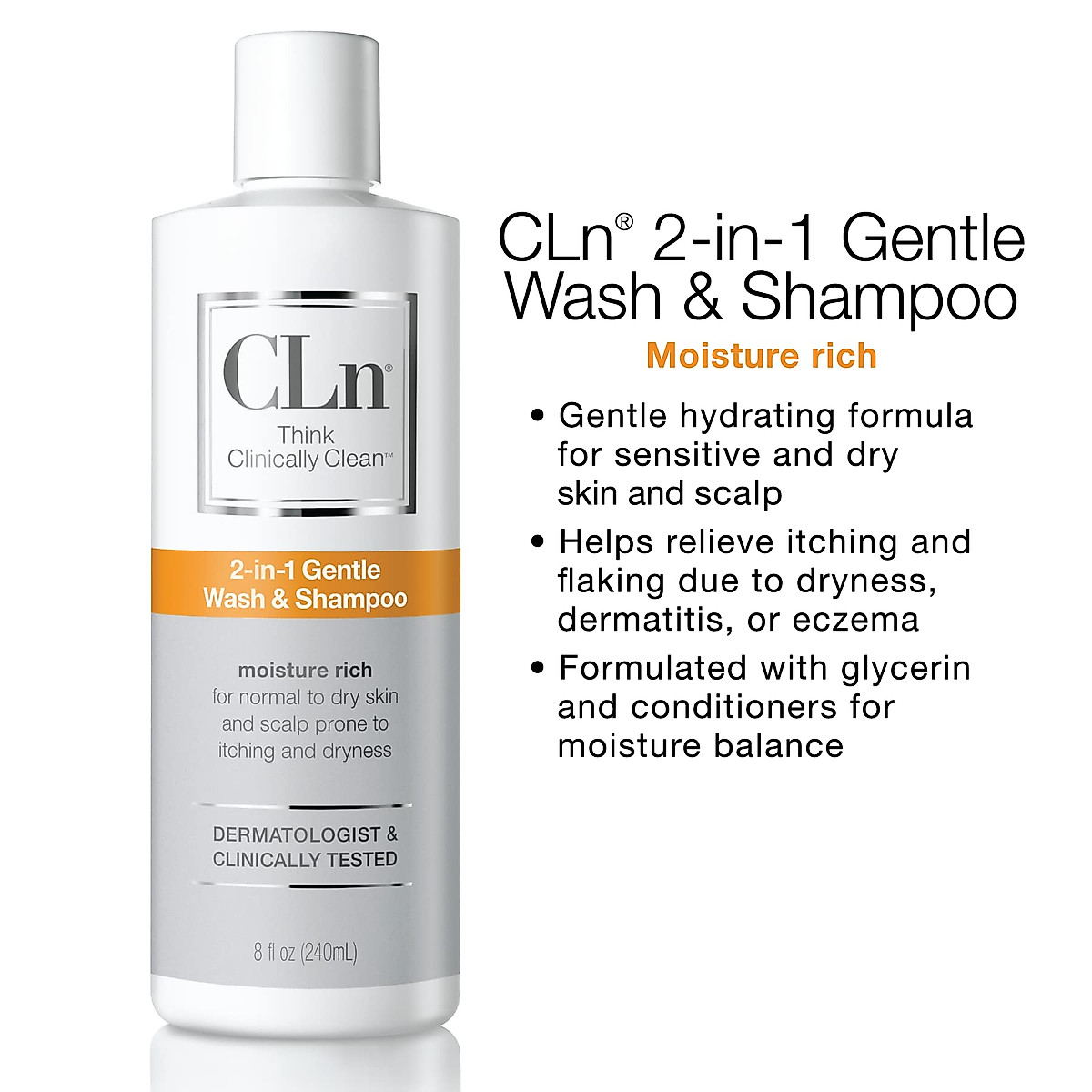 CLn® 2-in-1 Gentle Wash & Shampoo- Multi-functional Cleanser for Skin & Scalp Prone to Irritation, Flaking, Itching, Dryness & Razor Bumps, Fragrance-Free & Paraben-Free, 8 fl. oz.