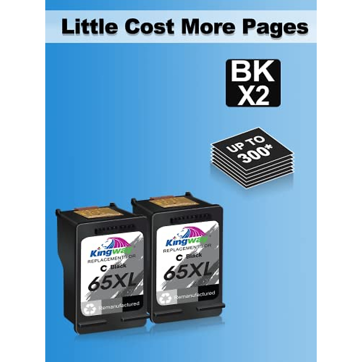 KINGWAY 65 Ink Cartridge for HP Printers, Remanufactured Replacement for 65XL 65 XL to use with Envy 5055 5052 5058 DeskJet 3755 2655 3720 3722 3723 3752 3758 2652 2624 Printer (2 Black)