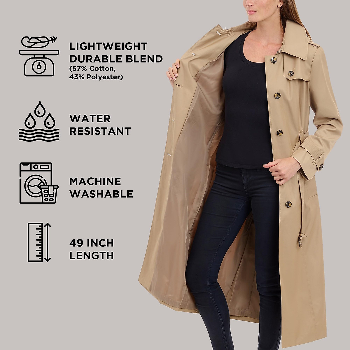 London Fog Women's Single Breasted Long Trench Coat with Epaulettes and Belt, BR Khaki, Extra Large