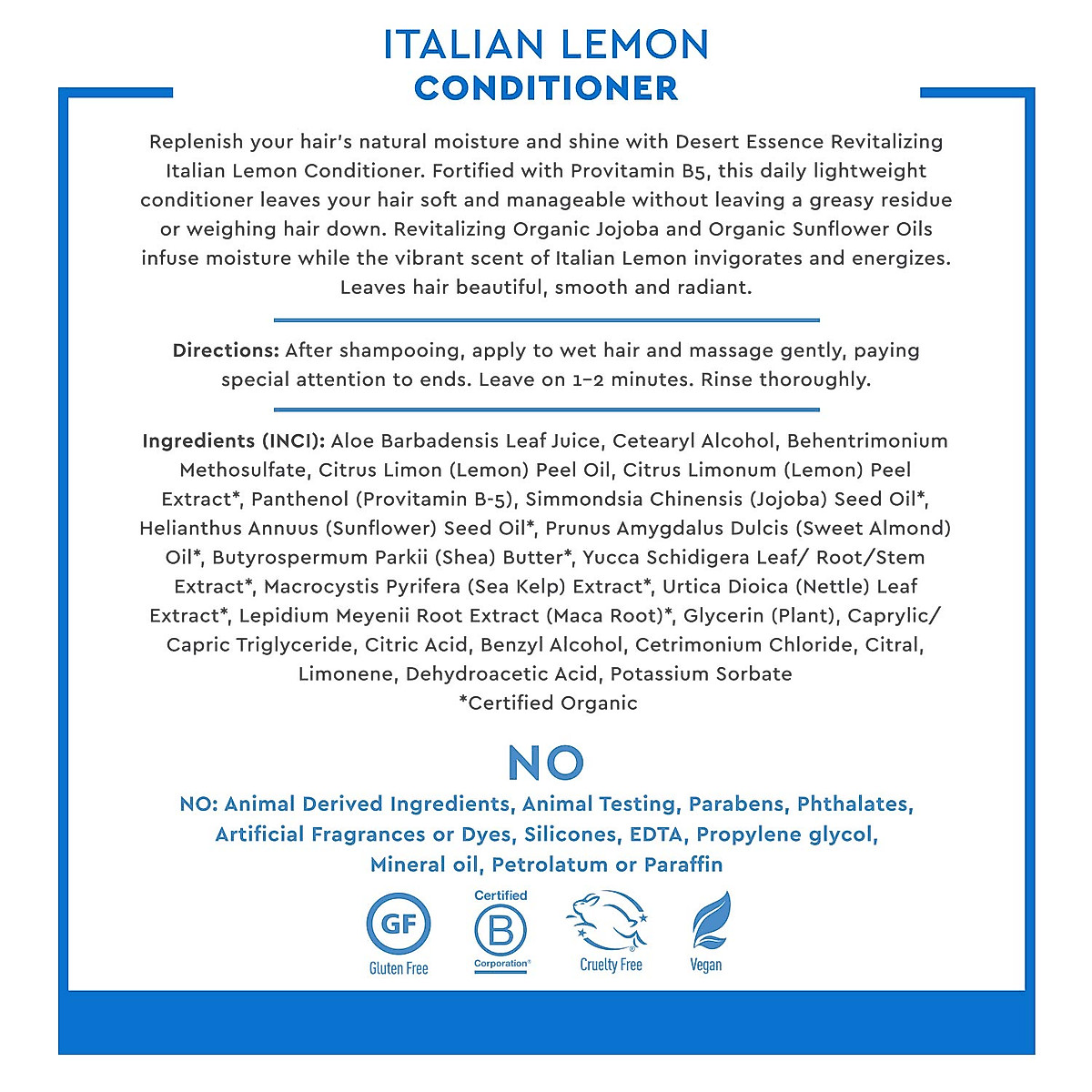 Desert Essence Italian Lemon Conditioner - 8 Fl Oz - Revitalizing Hair Detangler - Adds Volume - Shine - Strength - Scented - Certified Organic - Aloe Vera - Vitamin B5 - Cruelty Free - No Parabens