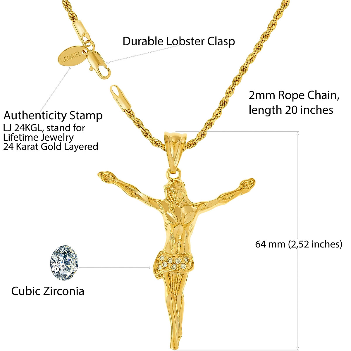 LIFETIME JEWELRY Cross Necklace, Jesus Pendant, 24K Gold over Bronze with Cubic Zirconia (with or without Chain) (Gold Pendant & Chain)