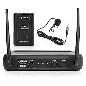 Pyle Dual Channel Wireless Microphone System - VHF Fixed Dual Frequency Wireless Mic Receiver Set with 2 Lavalier, 2 Headset Mics, 2 Transmitter, Receiver - For PA, Karaoke, Dj Party - Pyle PDWM2145