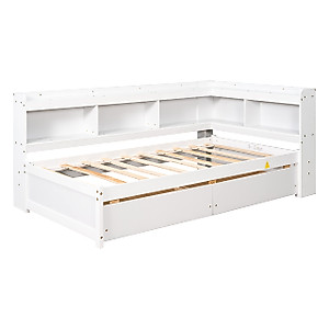 Twin Size Daybed Captain Bed Wooden Day Bed with 2 Drawers and L-Shaped Bookcases, Twin Bed Frame for Kids, Boys, Girls & Teens, No Box Spring Needed, White