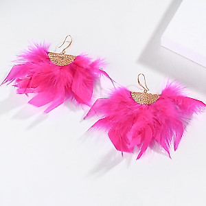 KELMALL Statement Fan Feather Dangling Earrings for Women, Bridal Wedding Party Proms Eye-catching Drop Dangle Earrings- Hot Pink