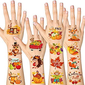 HOWAF 96pcs Fall Temporary Tattoos for Kids, Fall Harvest Face Tattoos for Welcome Fall Hello Autumn Party Decoration Supplies, Autumn Harvest Tattoo Stickers with Pumpkin Scarecrow Design