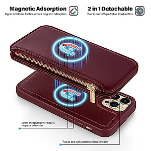 Antsturdy 2 in 1 Detachable for iPhone 13 Pro Wallet case with Magsafe,RFID Blocking Magnetic Wireless Charging PU Leather Phone case Flip Folio Cover Card Holder Wrist Strap Women Men,Wine Red