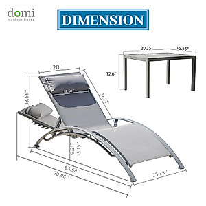 Domi Lounge Chair Set of 3, Aluminum Lounge Chairs for Outside with 5 Adjustable Positions, Chaise Lounge Outdoor for Pool, Garden, Beach, 2 Pool Chairs and 1 Side Table(Gray)