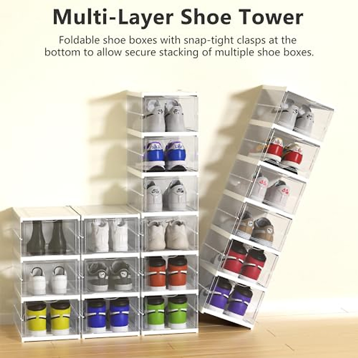 AKELOR 6 Tier Foldable Shoe Storage Boxes, Installation-free Clear Foldable Shoe Box, One-Piece Stackable Shoe Rack, Plastic Storage Shelves Collapsible Shoe Rack Organizer for Closet Bedroom