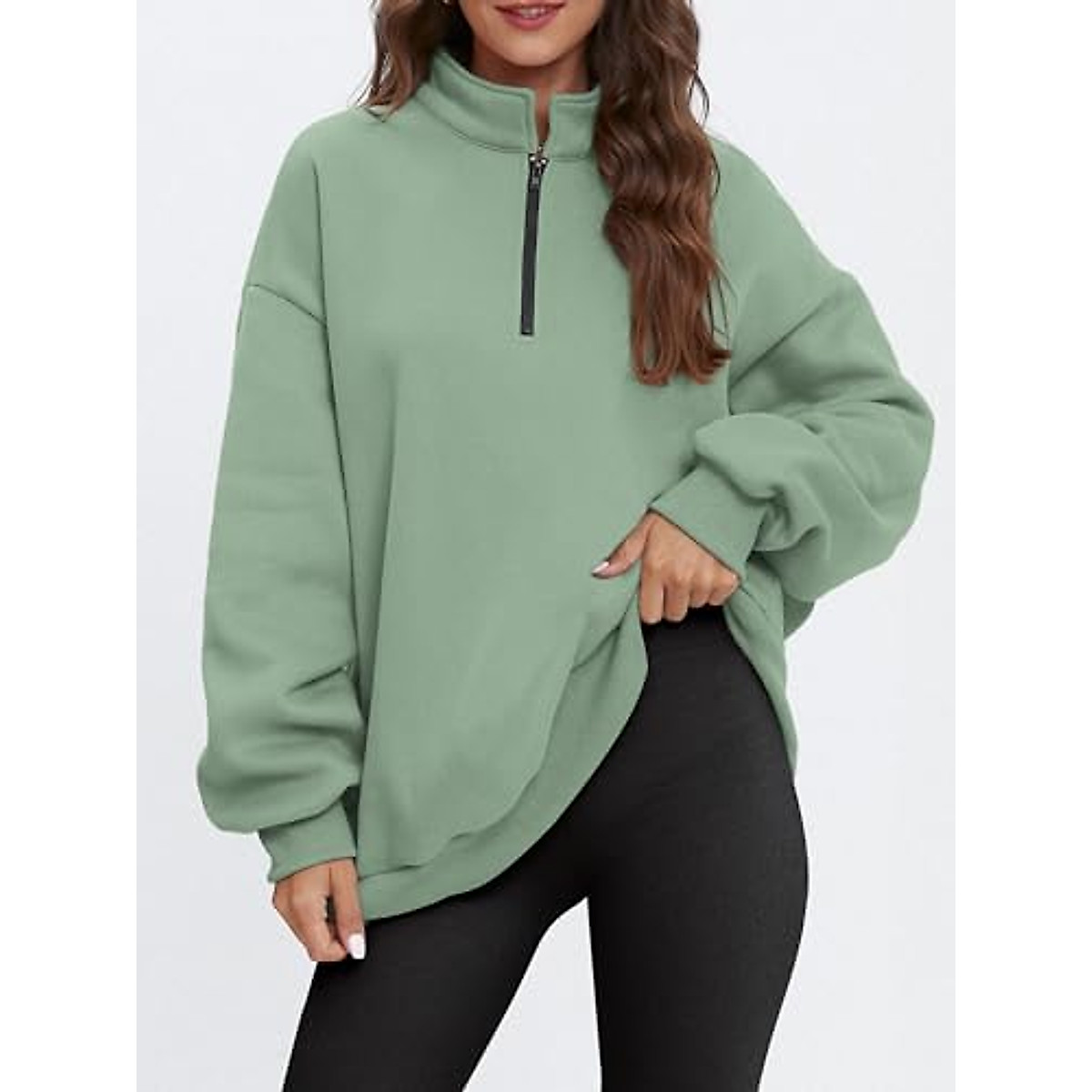 ATHMILE Womens Oversized Half Zip Pullover Long Sleeve Sweatshirt Quarter Zip Hoodie Sweater Teen Girls Fall Y2K Clothes Lightgreen
