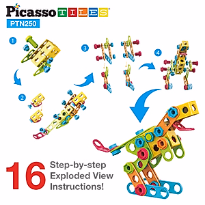 PicassoTiles STEM Learning Toys 250 Piece Building Block Kids Construction Engineering Kit Toy Blocks Children Early Education Playset w/Free IdeaBook, Power Drill, Clickable Ratchet, Age 3+ PTN250